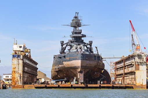 Historic Battleship Uss Texas Being Restored In A Dry Dock In Galveston