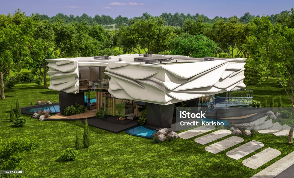 Rendering 3d Rumah Modern Dengan Bentuk Plastik Kurva Alam Bionik Foto ... Rendering 3d Rumah Modern Dengan Bentuk Plastik Kurva Alam Bionik Foto ...