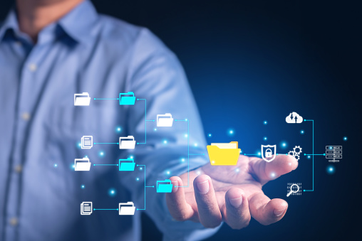 Business Man Holding Virtual Files And Folders Diagram Manage Digital ... Business Man Holding Virtual Files And Folders Diagram Manage Digital ...