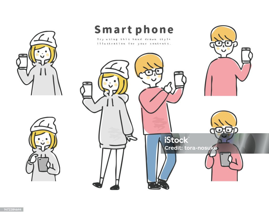 スマートフォンを使う若者のイラスト スマートフォンのベクターアート素材や画像を多数ご用意 スマートフォン ソーシャルメディア 操作