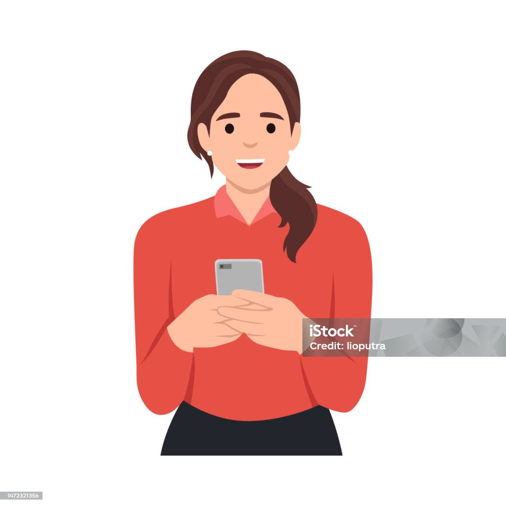 Beautiful Wave Hairstyle Woman Holding Mobile Phone In Hand Isolated
