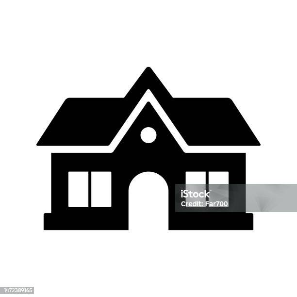 Ikon Bangunan Rumah Kafe Hotel Siluet Hitam Tampak Depan Ilustrasi