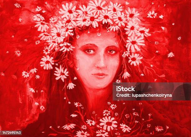 Ilustrasi Seni Lukisan Cat Minyak Dalam Potret Merah Seorang Wanita