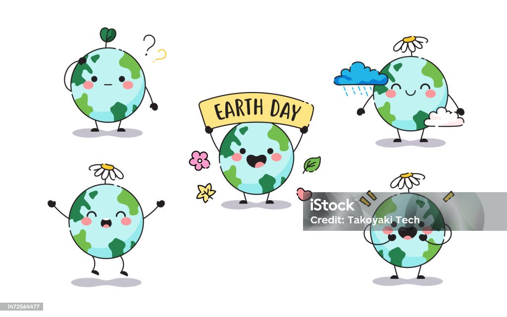 Cute Happy Earth Planet Character Set Stock Illustration Download