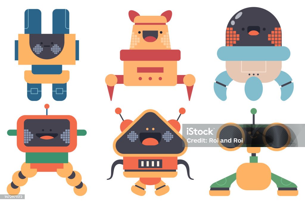 Mignons Robots Vecteurs Personnages De Dessins Animés Isolés Sur Un