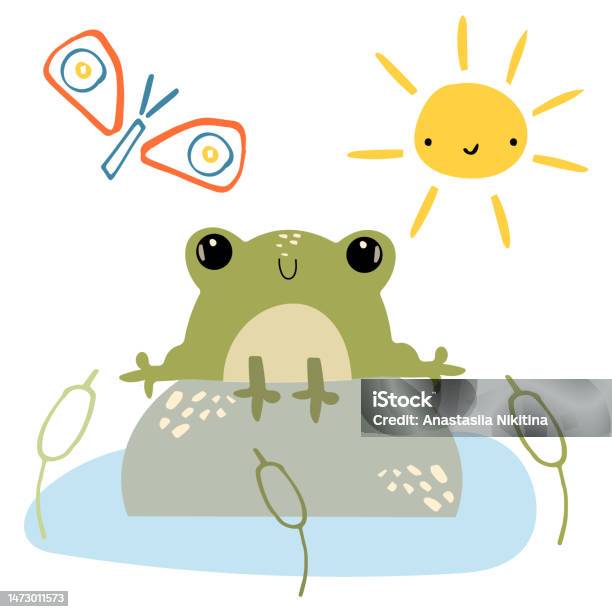 Cute Green Frog Cartoon Character Isolated On White Background Stock