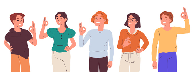 Orangorang Muda Menunjukkan Tanda Oke Karakter Dengan Gestur Positif