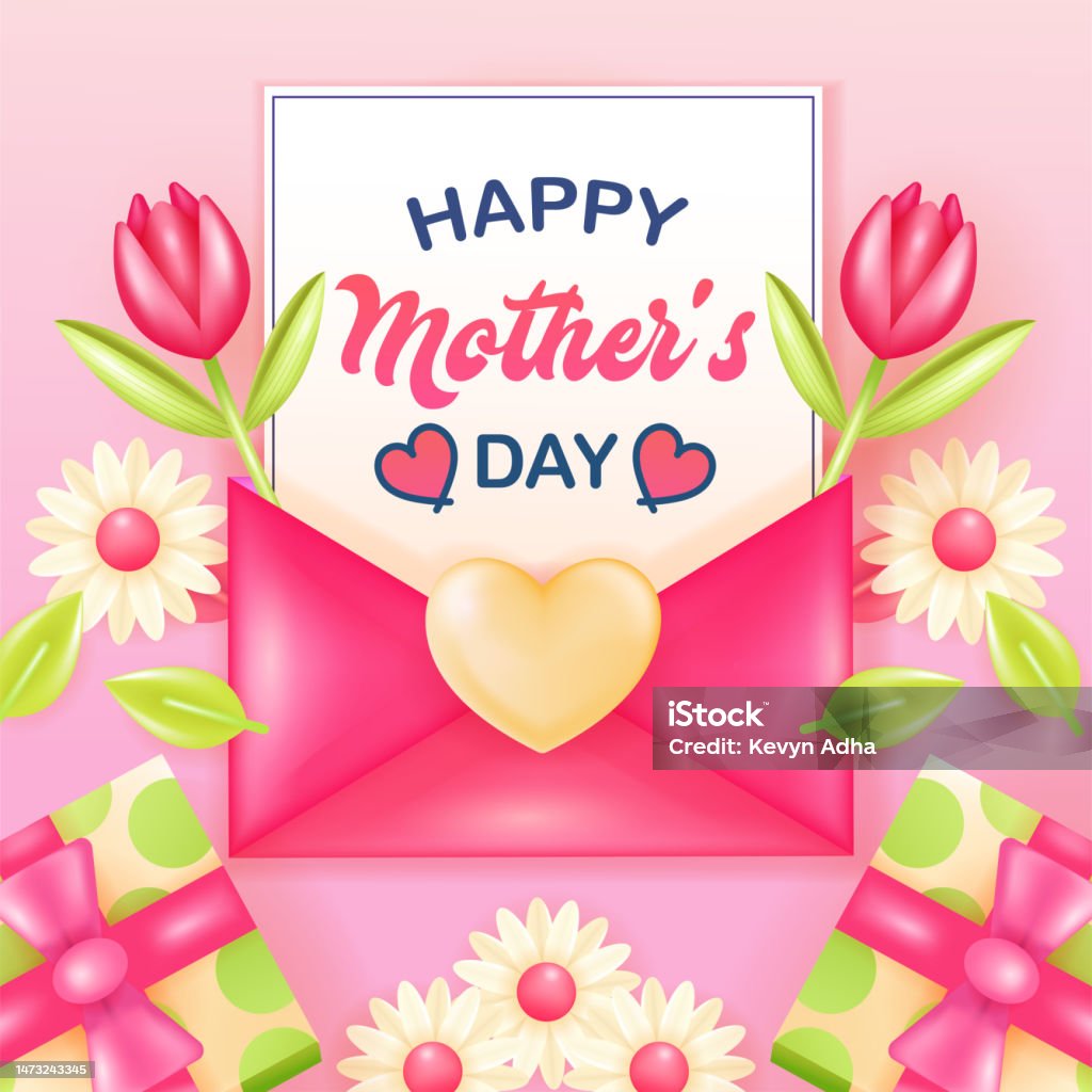 Happy Mothers Day 3d Vector Of Envelope And Letter With Flower Ornament