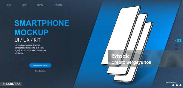 Tiga Mockup Smartphone Dengan Layar Kosong Dalam Perspektif Ilustrasi