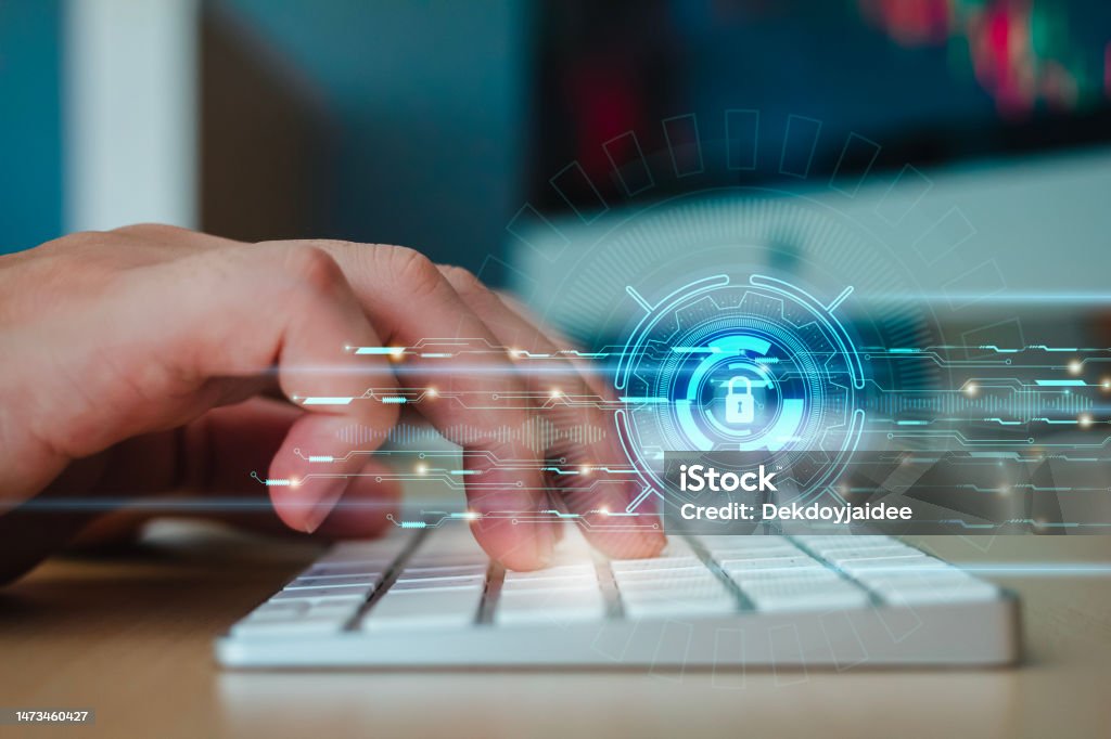 Hand Of Man Is Typing Keyboard On Computers For Cyber Security Protection Cyber Security Concept