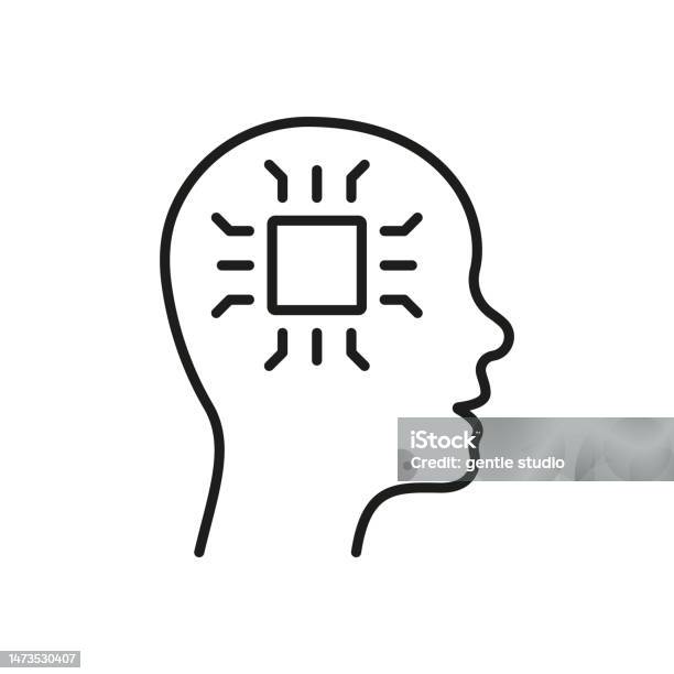 Pictogramme Linéaire De La Tête Humaine Et De La Puce Technologique Ia