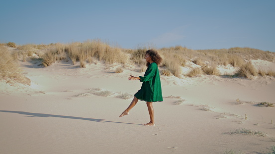 Woman Dancing Modern Dunes Girl Dancer Performing On Sand Desert Summer