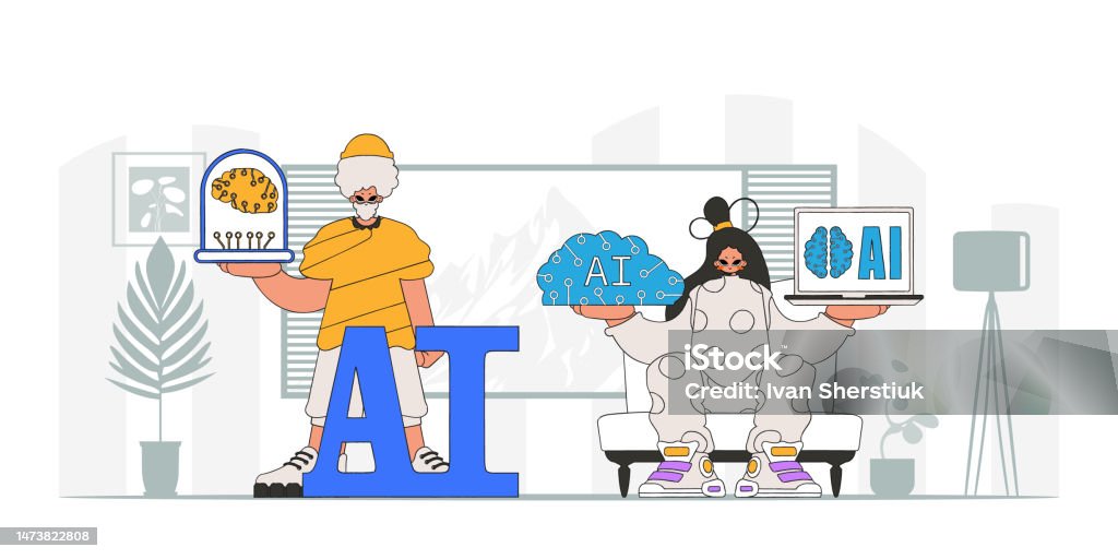 Tim Ai Pria Dan Wanita Dalam Gaya Modern Gambar Vektor Ilustrasi Stok
