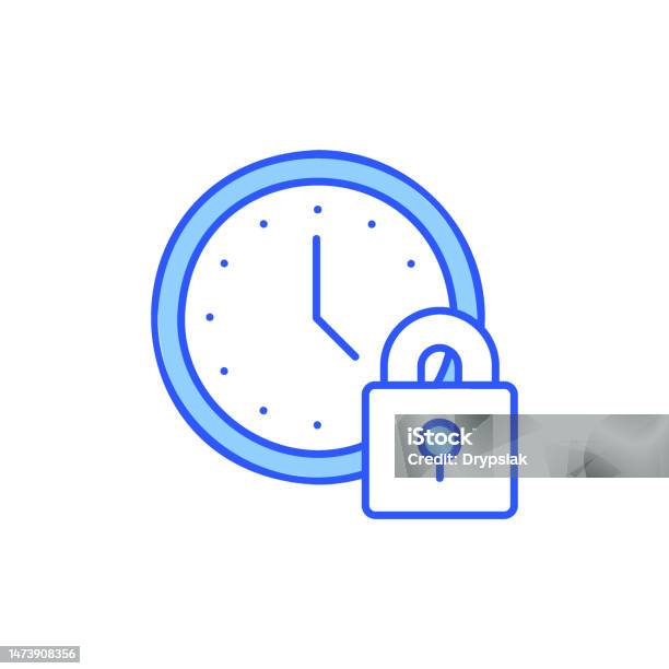 Jam Dengan Kunci Waktu Keamanan Ikon Garis Biru Alarm Desain Simbol