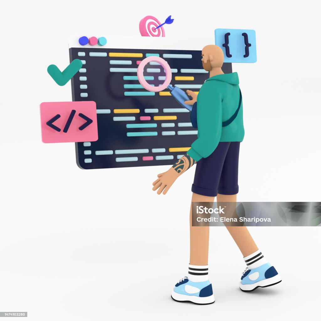 Programmer Coder Tester Searching Bugs In Code Beard Handsome Man Programming And Autotesting On