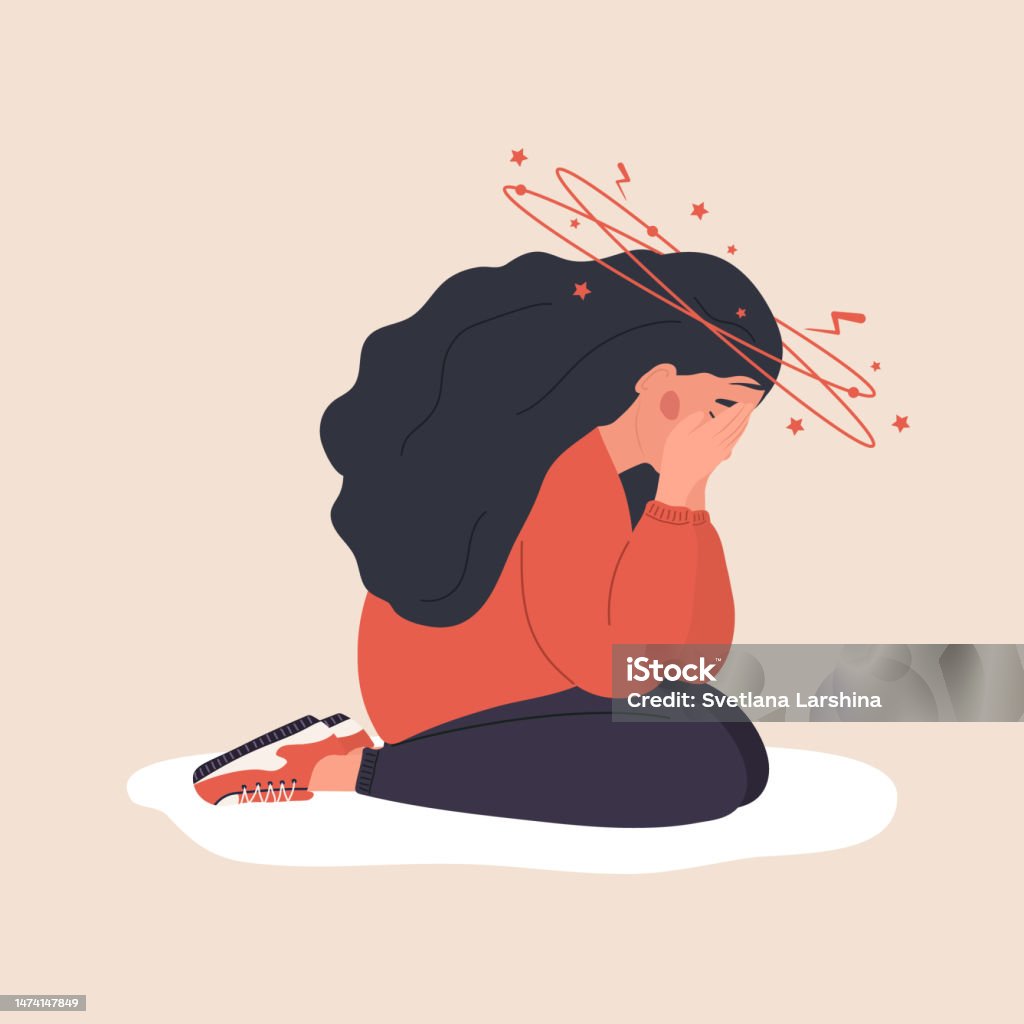 Iron Deficiency Anemia Sad Woman With Headache Sitting On Floor Unhappy