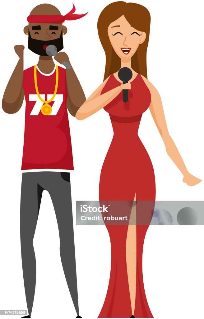 Couple Of Singers With Microphones Cartoon Afroamerican Male Female