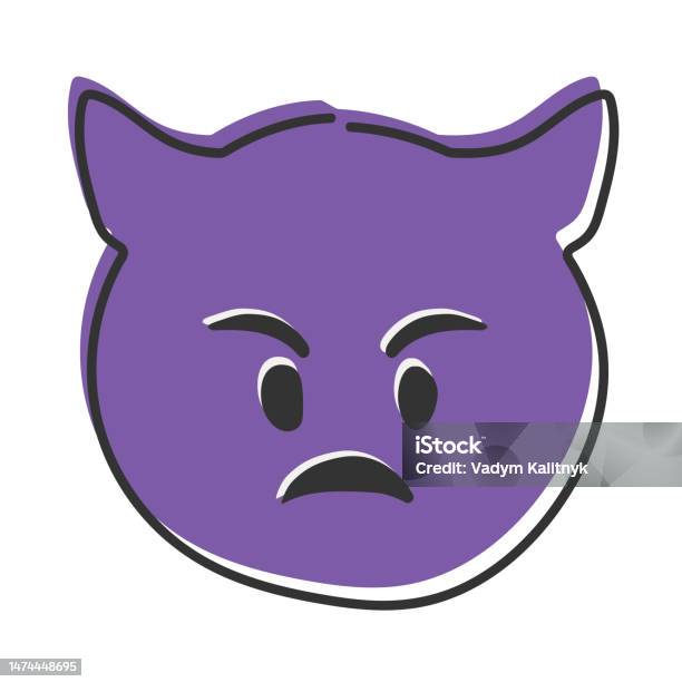 Evil Devil Emoji Happy Purple Emoticon With Devil Horns Hand Drawn Flat