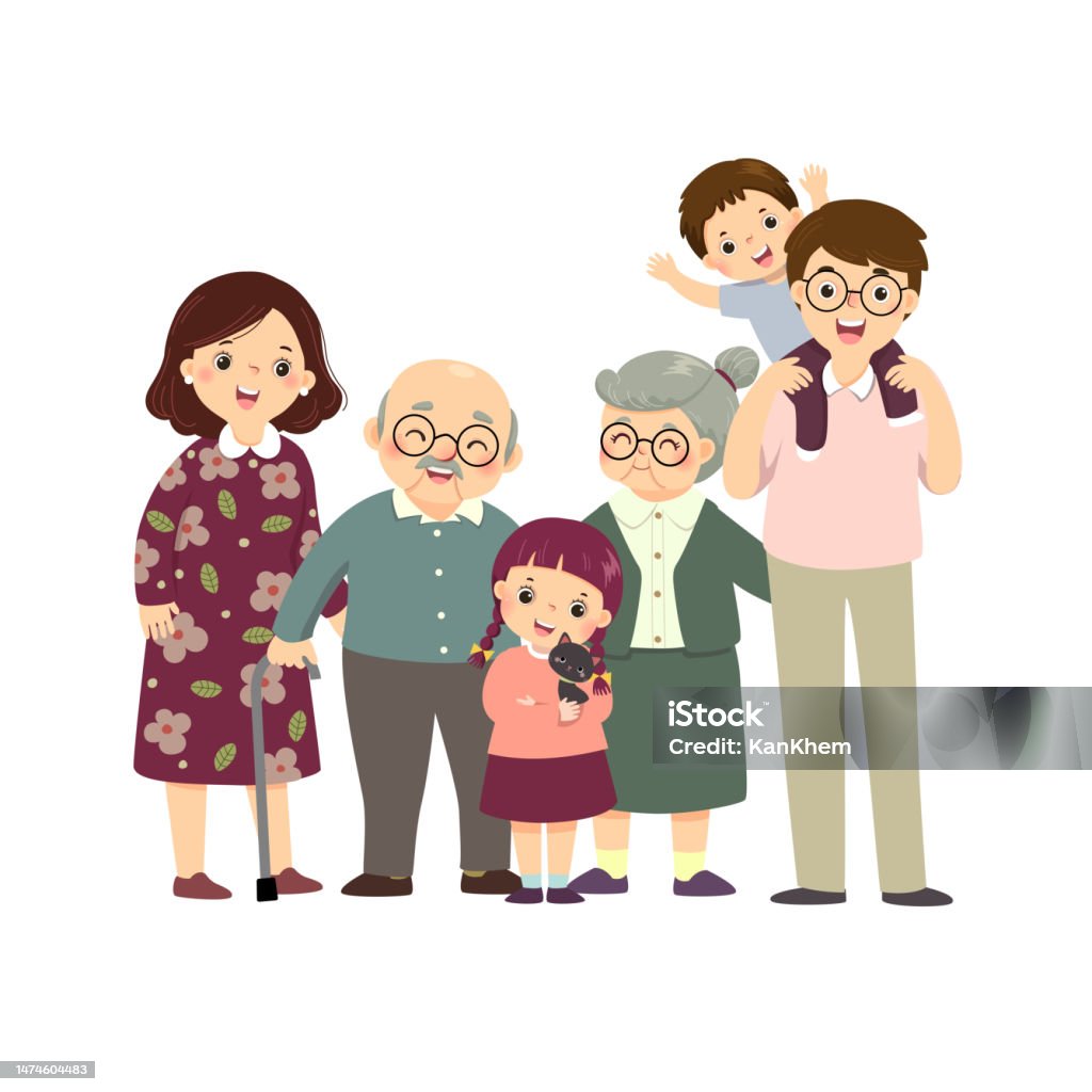 Vektor Ilustrasi Kartun Keluarga Bahagia Ibu Ayah Kakeknenek Dan