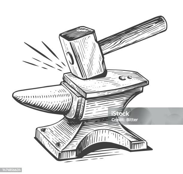 Hammer Strikes The Anvil Blacksmith Craft Forge Metal Workshop Concept Vintage Sketch Vector