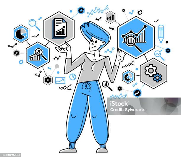 Worker Analyzes Some Data And Systematizing Information Vector Outline