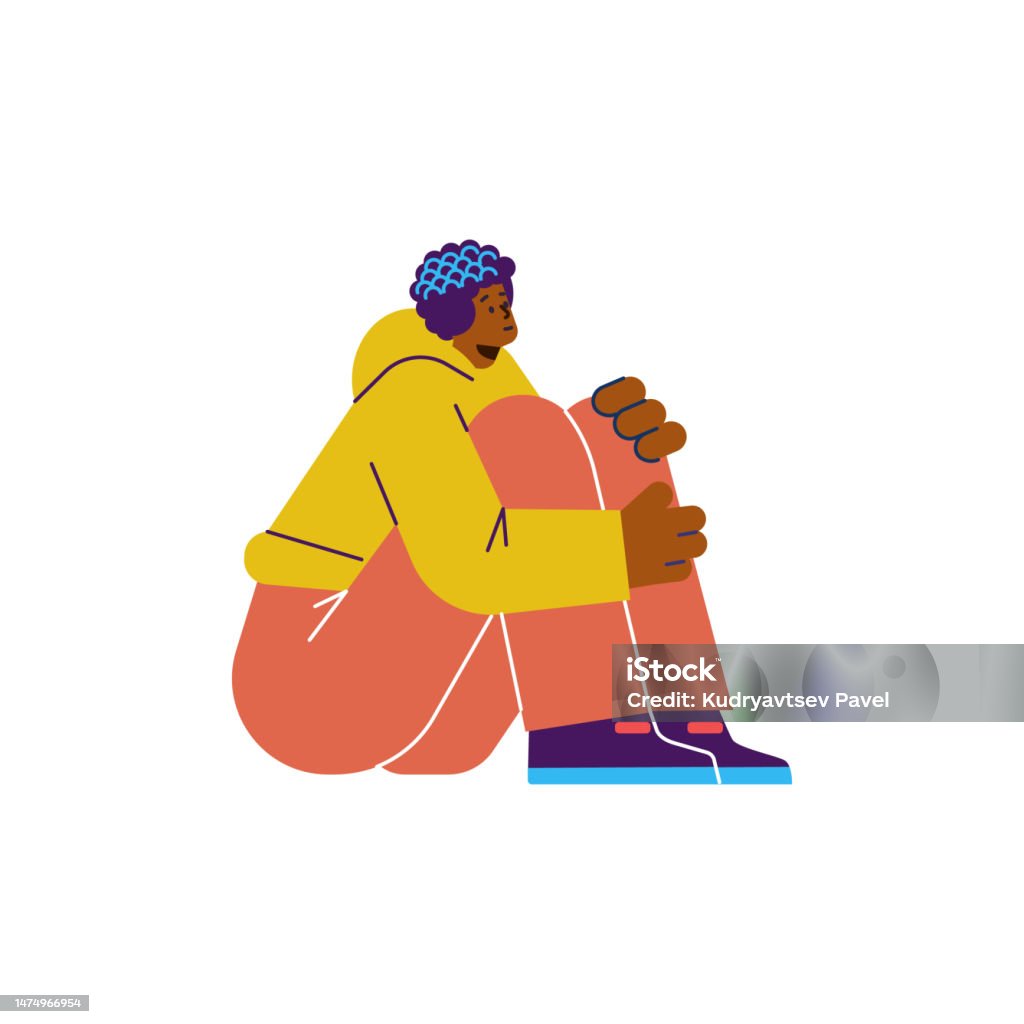 Woman Sitting Hugging Her Knees And Dreaming Flat Vector Illustration