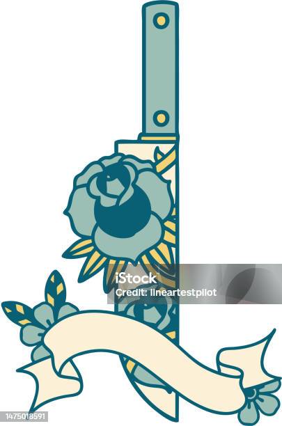 Tatouage Traditionnel Avec Bannière Dun Poignard Et Fleurs Vecteurs