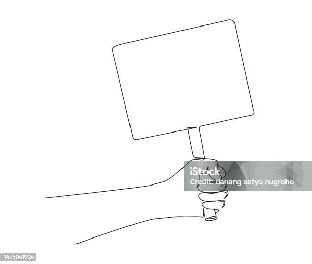 Continuous One Line Drawing Of Hand Holding Empty Sign Board Hand Holds