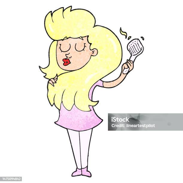 Freehand Textured Cartoon Woman Brushing Hair Stock Illustration