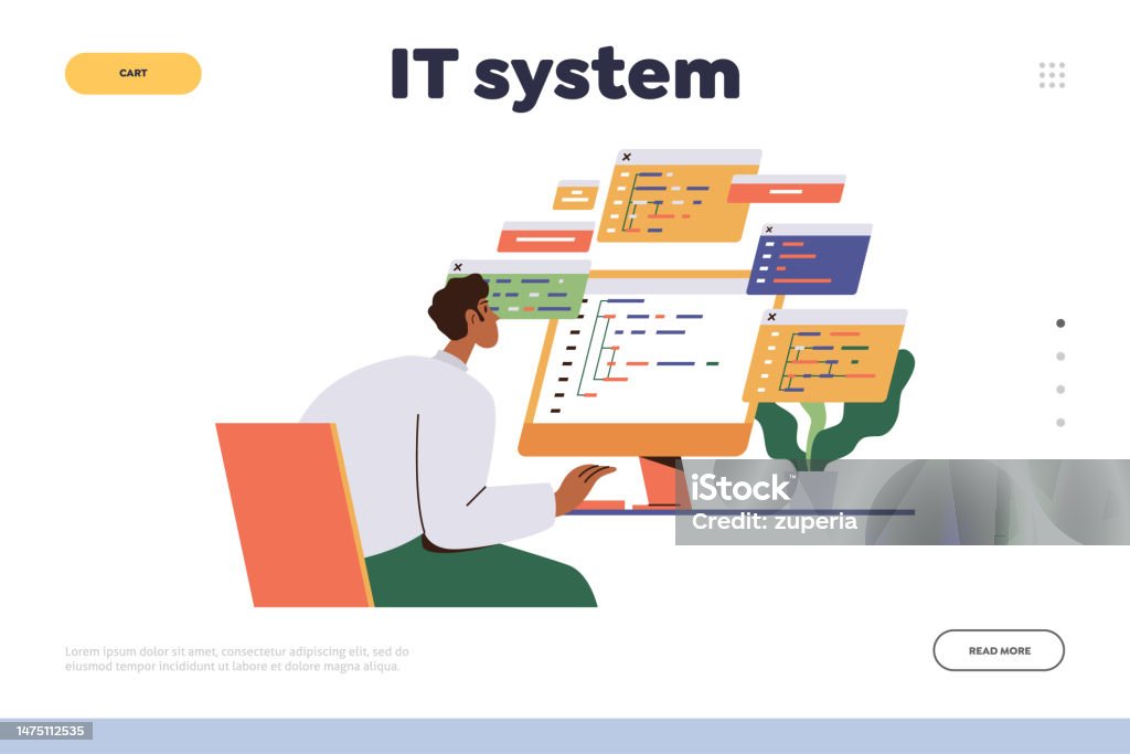 It System Landing Page Design Template With Man Programmer Or Sysadmin Working On Computer Stock
