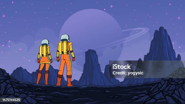 Vector Scifi Astronaut Team Exploring A New Planet Stock Illustration