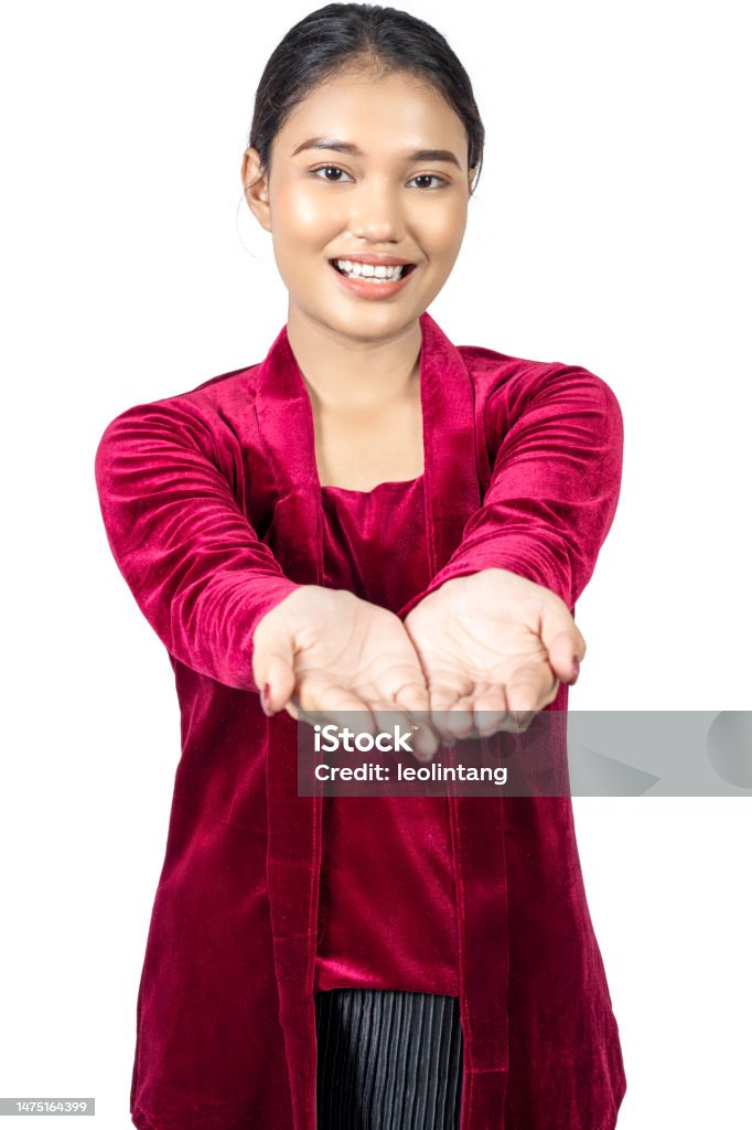 Asian Girl Wearing Red Kebaya Traditional Clothes With Open Palm Hand