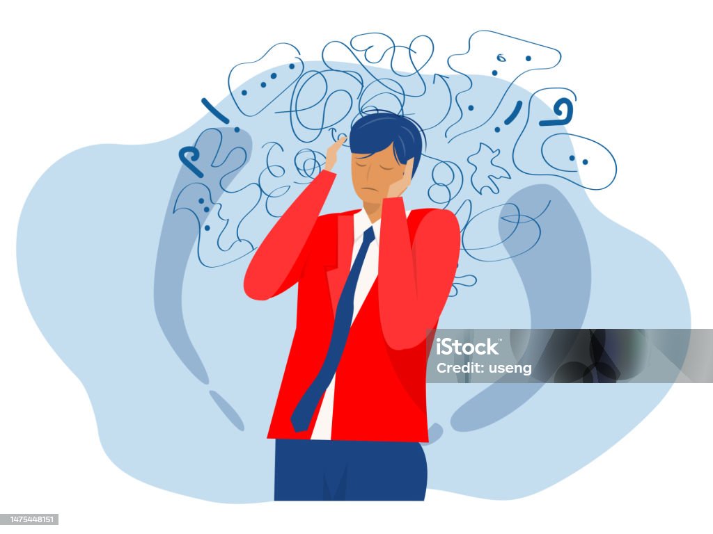 Ilustración de El Hombre Sufre De Pensamientos Obsesivos Dolor De ... Ilustración de El Hombre Sufre De Pensamientos Obsesivos Dolor De ...
