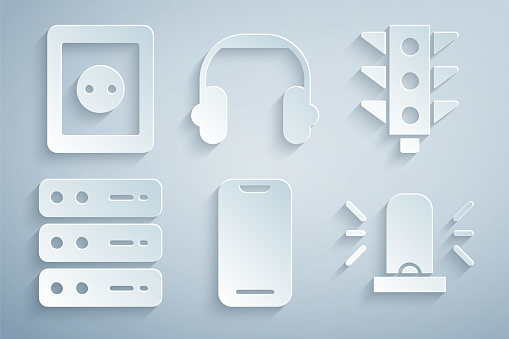 Set Smartphone Traffic Light Server Data Web Hosting Flasher Siren Headphones And Electrical