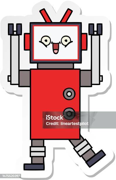 Autocollant Dun Mignon Robot De Dessin Animé Heureux Vecteurs Libres De