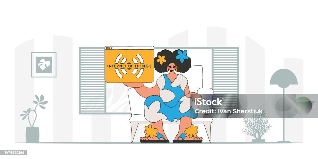 Gadis Memegang Logo Iot Dalam Gaya Modern Duduk Di Vektor Lantai