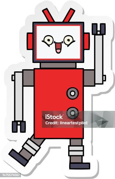 Autocollant Dun Mignon Robot De Dessin Animé Heureux Vecteurs Libres De
