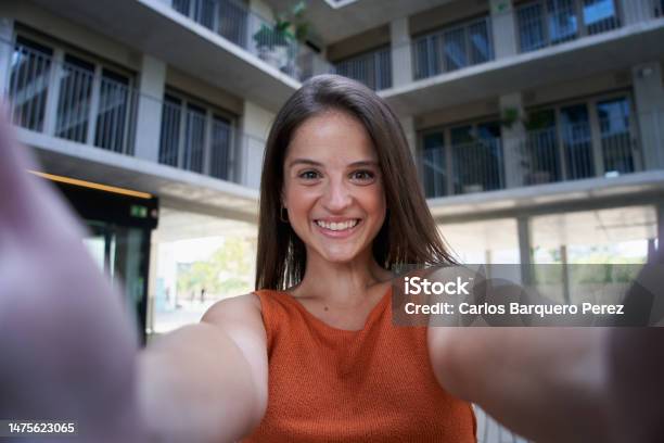 Pov Selfie Pretty Young Caucasian Girl Smiling Cheerful Outside Building Happy People Look