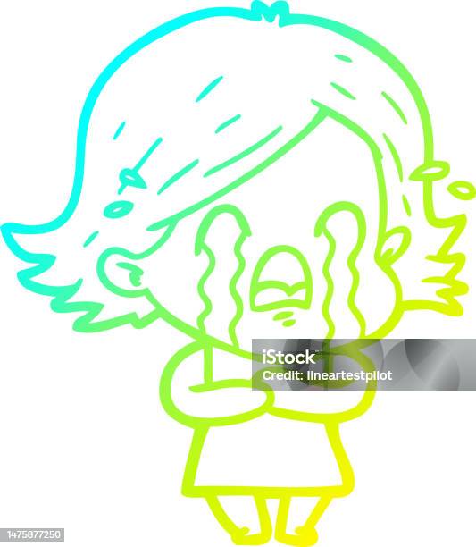Dessin Au Trait Dégradé Froid Dune Femme De Dessin Animé Pleurant