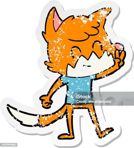 Autocollant En Détresse Dun Renard Amical De Dessin Animé Vecteurs