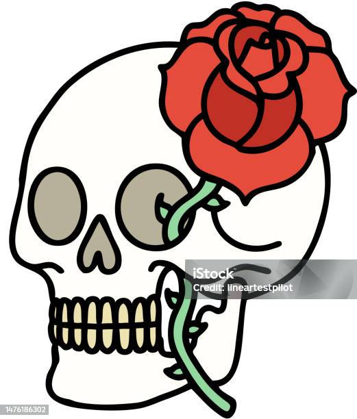 Tatouage Dans Le Style Traditionnel Dun Crâne Et Dune Rose Vecteurs