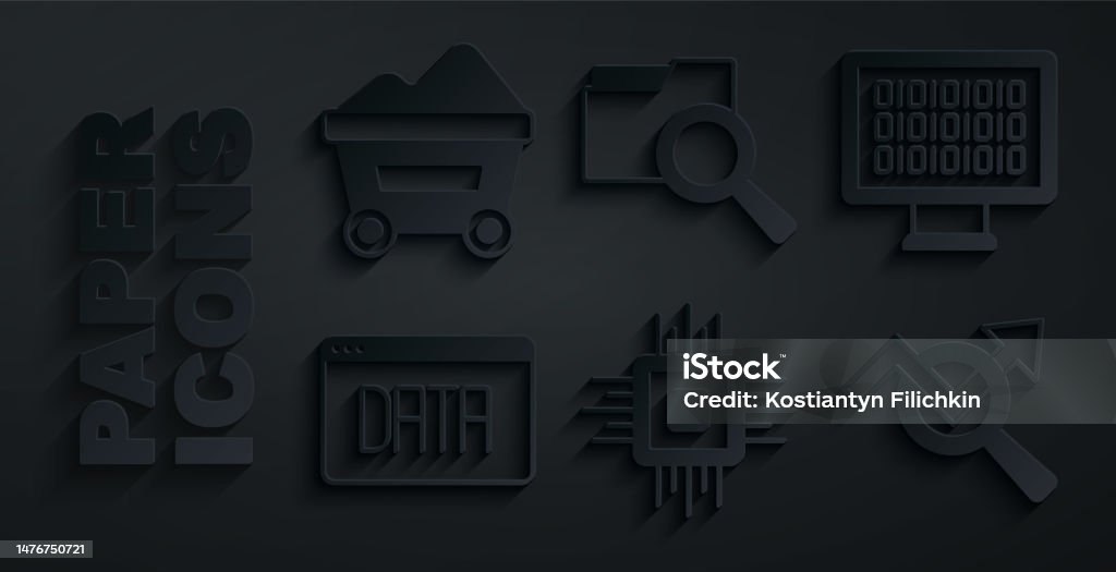 Set Processor Cpu Binary Code Data Analysis Search Data With Folder And Coal Mine Trolley Icon