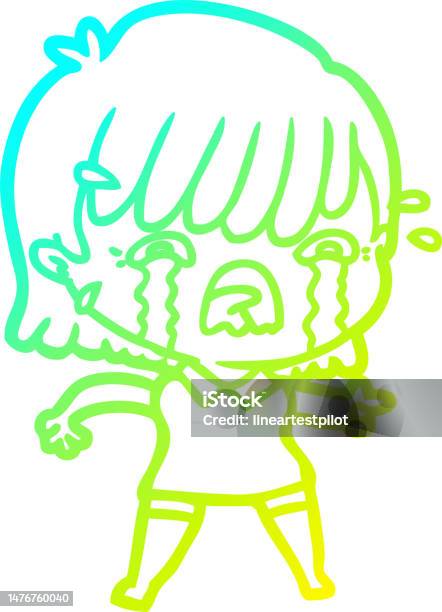Dessin Au Trait Dégradé Froid Dune Fille De Dessin Animé Pleurant