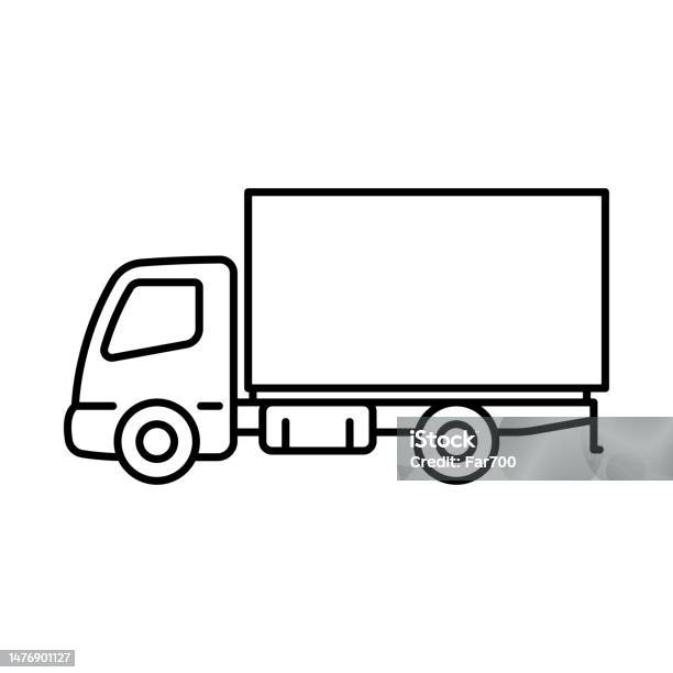 Truck Icon Van Black Contour Linear Silhouette Side View Editable
