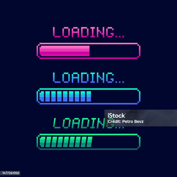 Pixel Art 8bit Loading Bar Isolated On Dark Background Loading Or Installing Process Vector