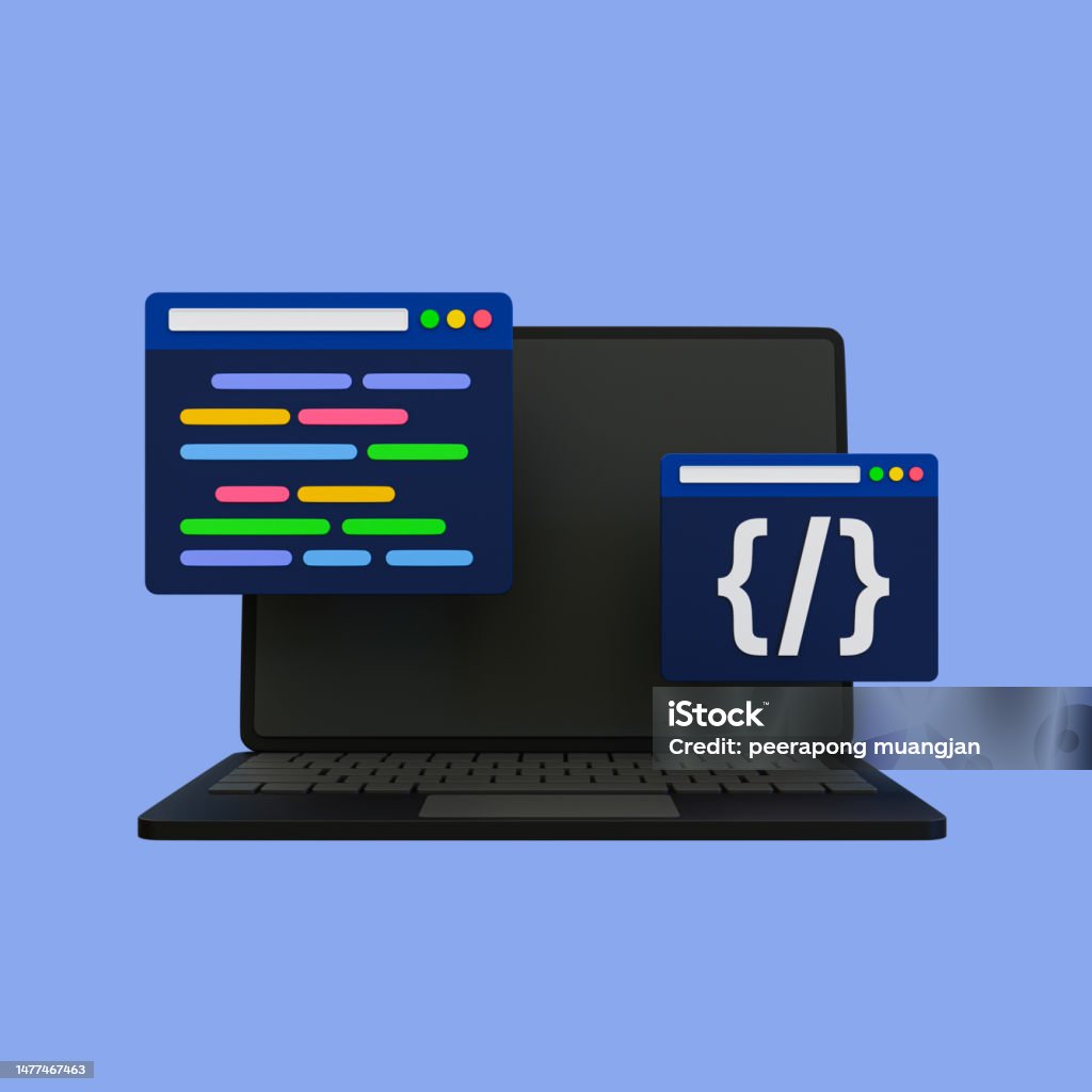 3d Minimal Coding Icon Coding Screen Web Development Concept Laptop With A Programming Source