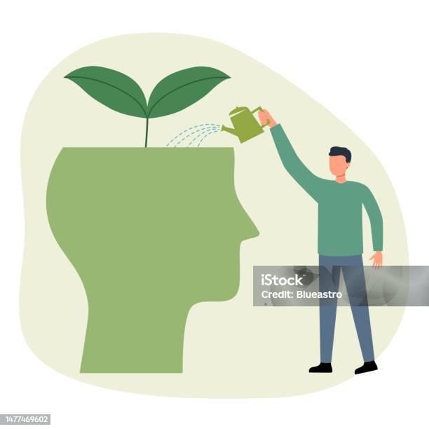 Ilustrasi Vektor Konsep Kesehatan Mental Manusia Menyiram Tanaman Di