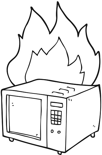 Dessin À Main Levée Noir Et Blanc Dessin Animé Microondes En Feu