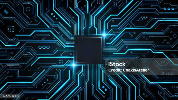 Abstract Technology Circuit Board Background Futuristic Chip Processor Code On Blue Technology