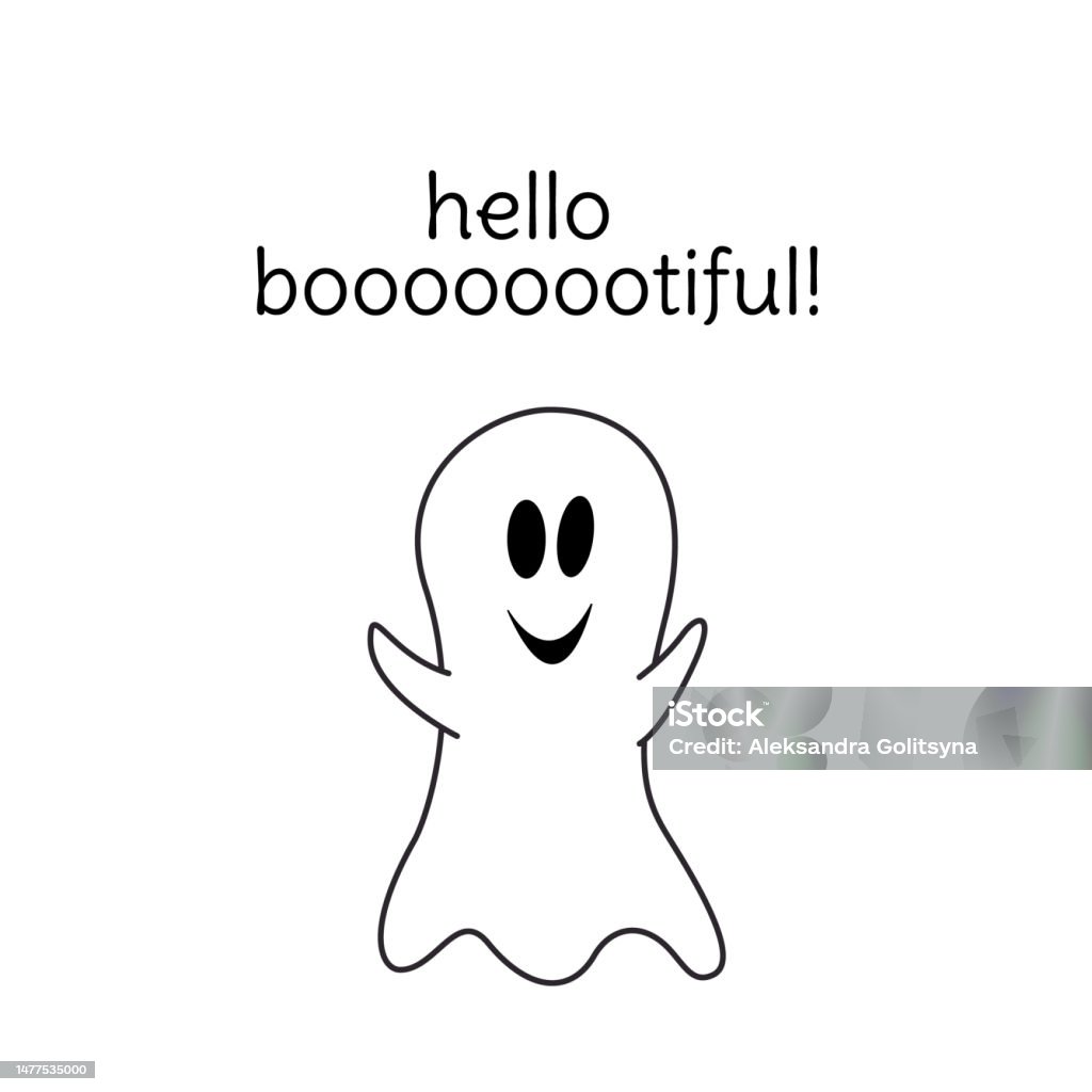 Ghost Card Hello Beautiful Funny Ghost For Halloween Flat Cartoon Vector Stock Illustration